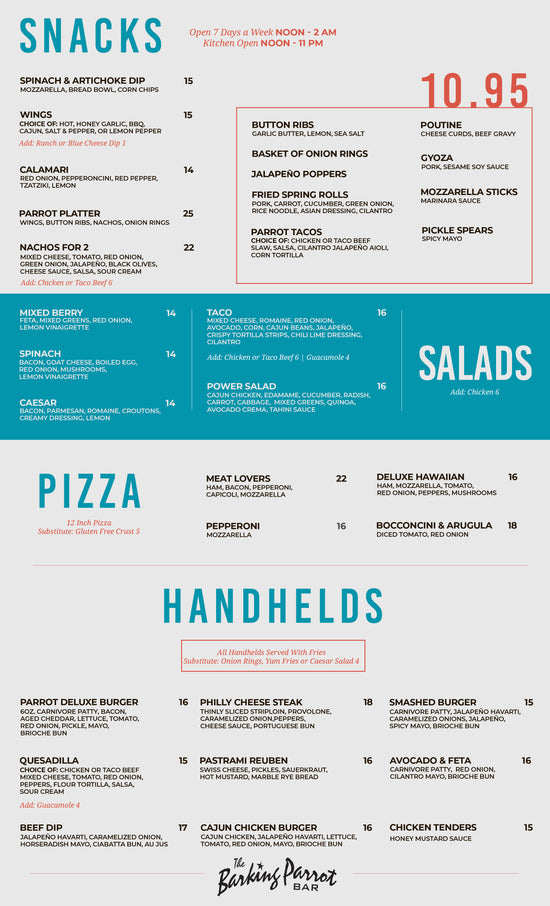 Food Menu – Barking Parrot Bar