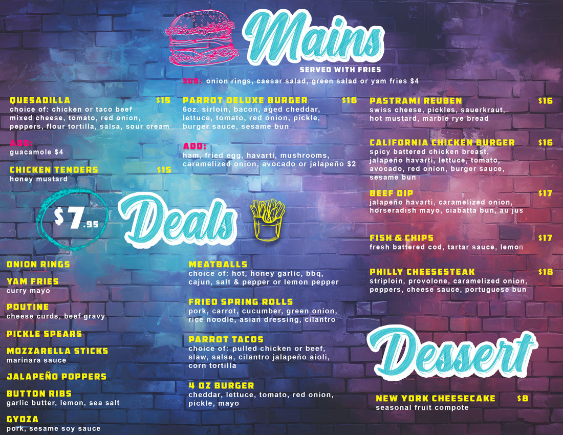 Food Menu – Barking Parrot Bar